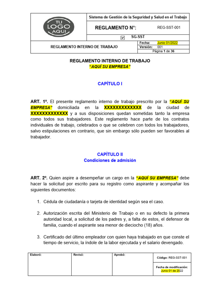 Reglamento Interno de Trabajo SG-SST | PDF | Salario | Derecho laboral