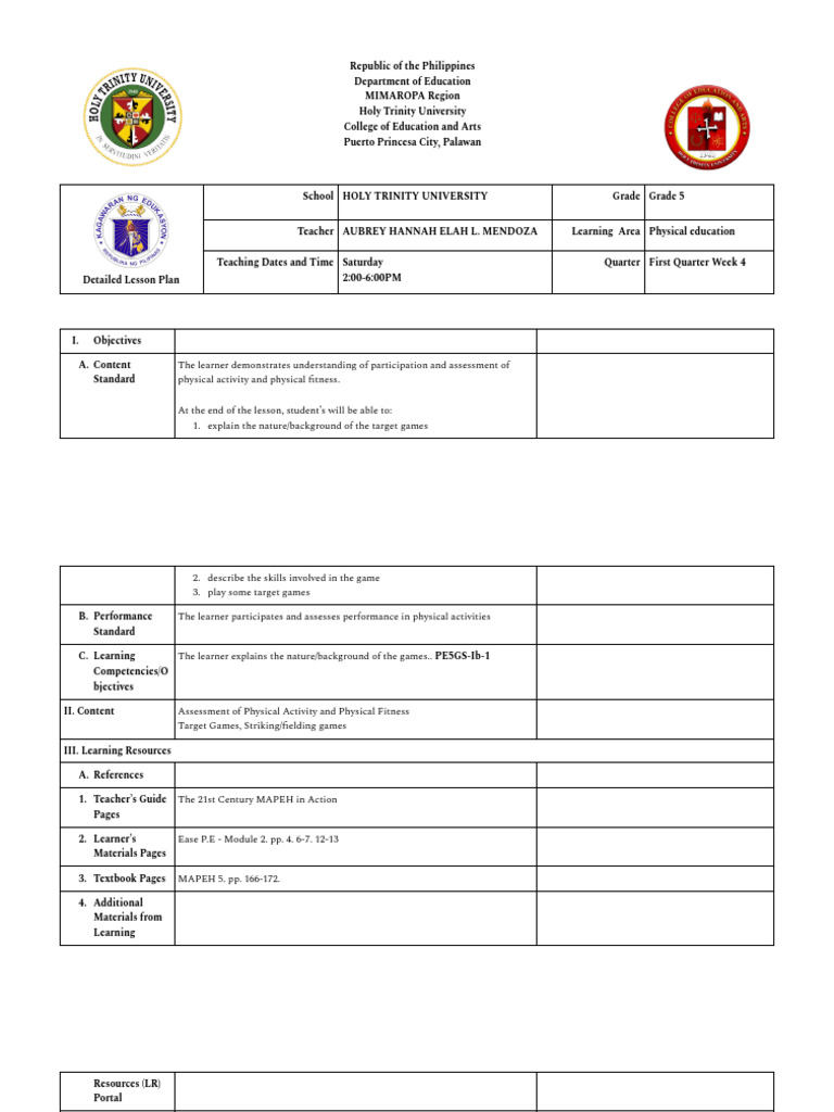 MENDOZA-PE-LESSON PLAN | PDF | Teachers | Learning