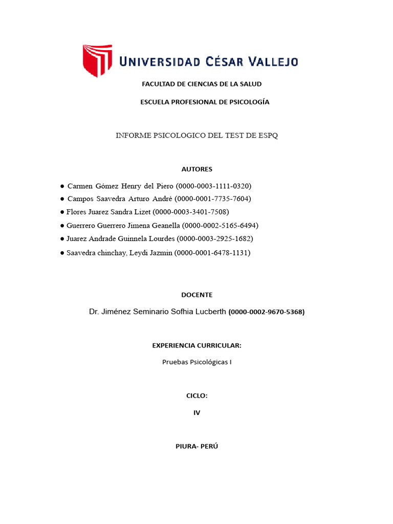 Informe Del Test de ESPQ | PDF | Neurociencia | Procesos mentales