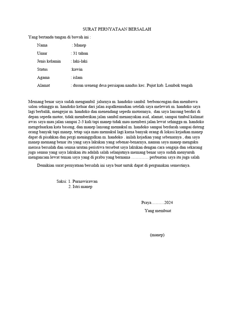 Surat Pernyataan Bersalah | PDF