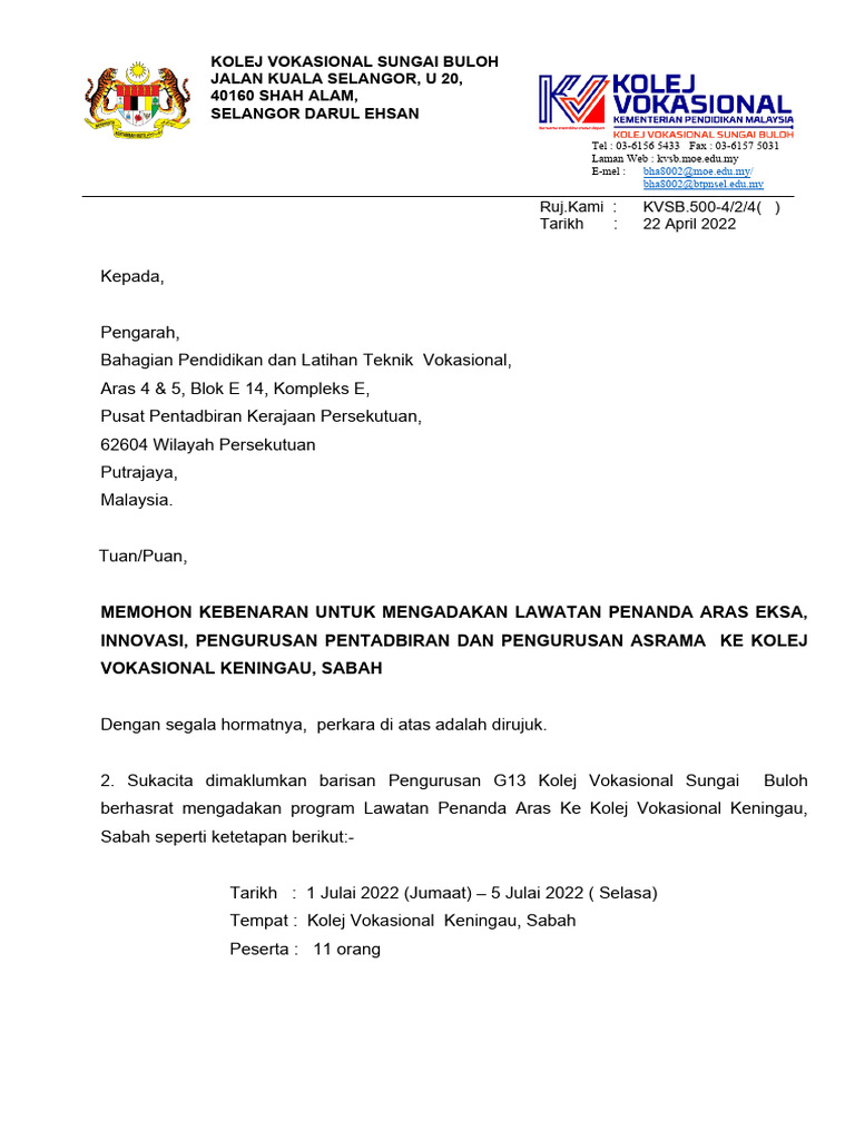 surat permohonan lawatan penanda aras ke Sabah 2022 | PDF