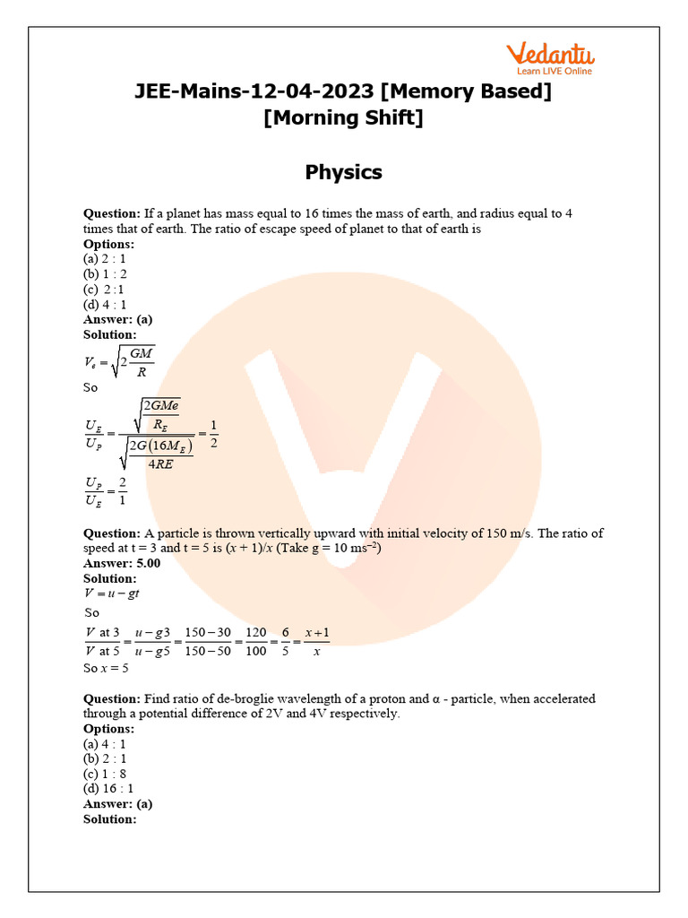 JEE Main 2023 April 12 Shift 1 Question Paper With Answer Key | PDF ...