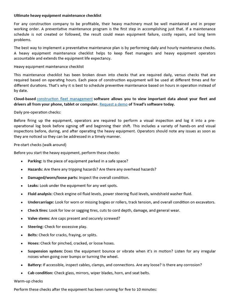 Heavy Equipment Maintenance Checklist | PDF | Heavy Equipment | Leak