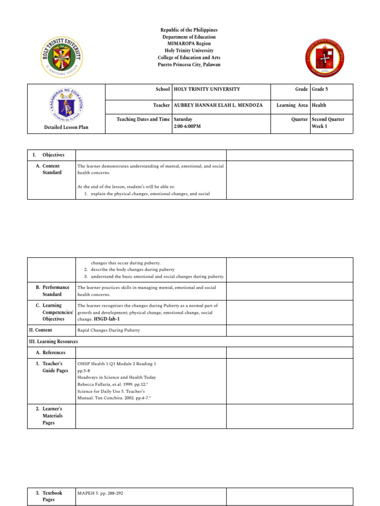 Mendoza-Health-Lesson Plan | PDF | Puberty | Adolescence