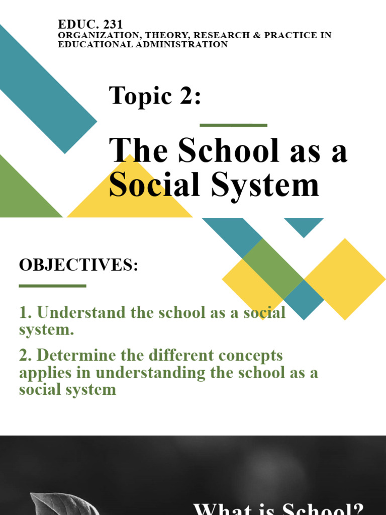 EDUC 231 The School As A Social System | PDF | System | Learning