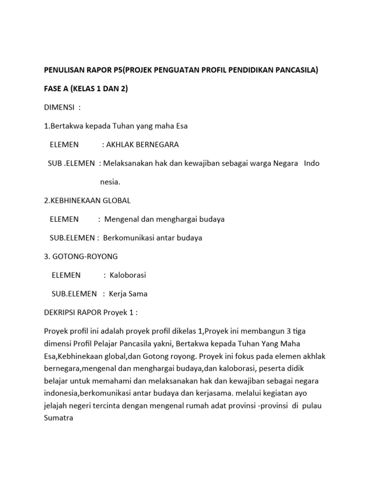 PENULISAN RAPOR P5 Untuk Kelas 1,2,4,5 | PDF | Seni & Disiplin Bahasa ...