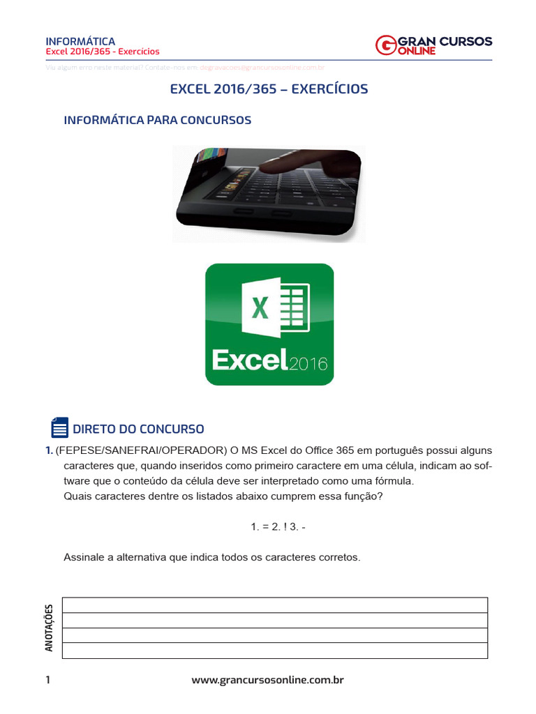 Aula Resumo Excel 2016 365 Exercicios | PDF | Microsoft Excel | Informática