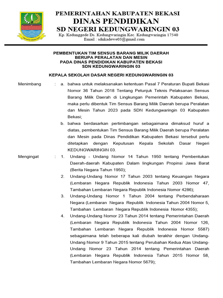 SK Tim Sensus BMB Berupa Peralatan Dan Mesin Tahun 2023 SDN KDW 03 | PDF