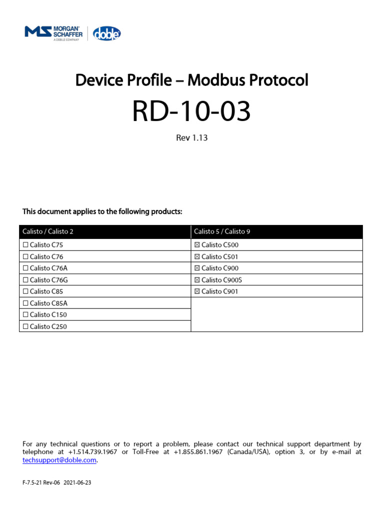RD-10-03 - Device Profile - Modbus Protocol (Calisto 5 - Calisto 9) Rev-1-13 | PDF | Computer ...
