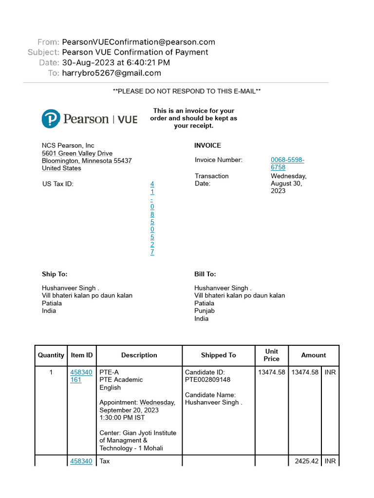 Pearson VUE Confirmation of Payment | PDF | Value Added Tax | Invoice