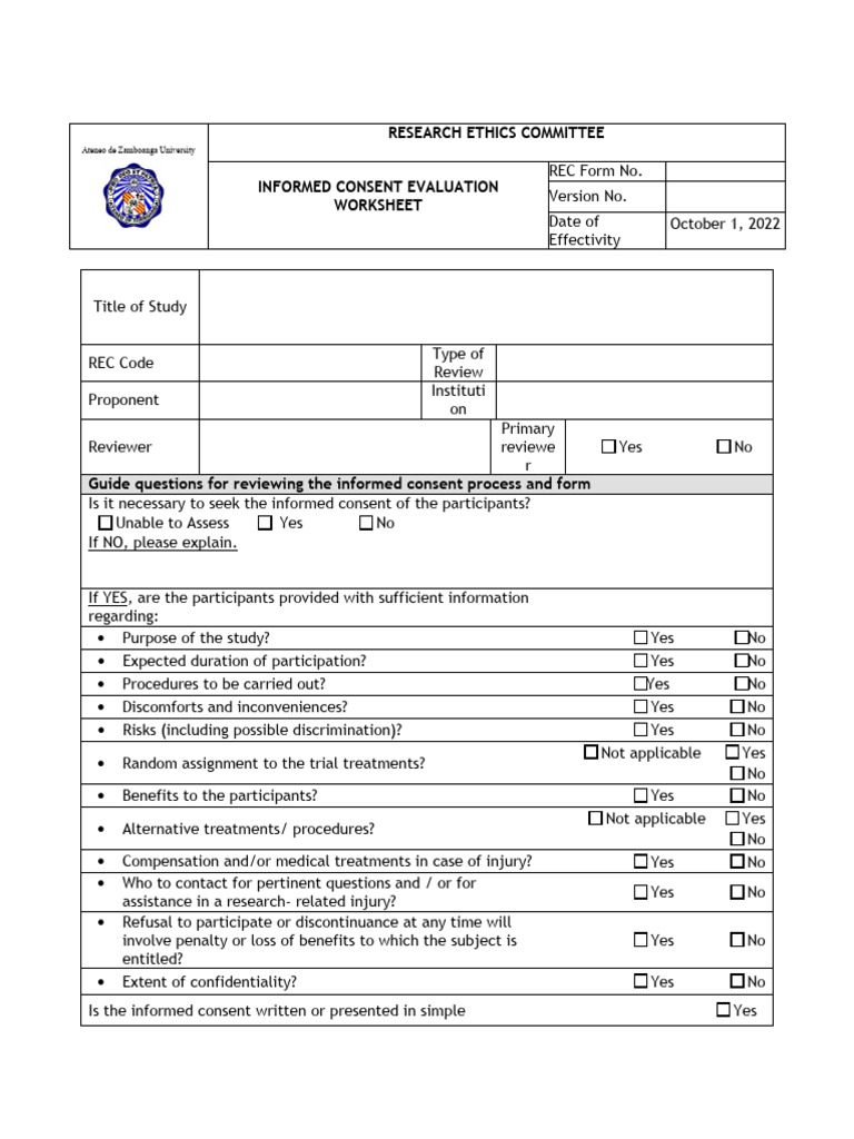 Form 012 INFORMED CONSENT EVALUATION WORKSHEET | PDF | Informed Consent