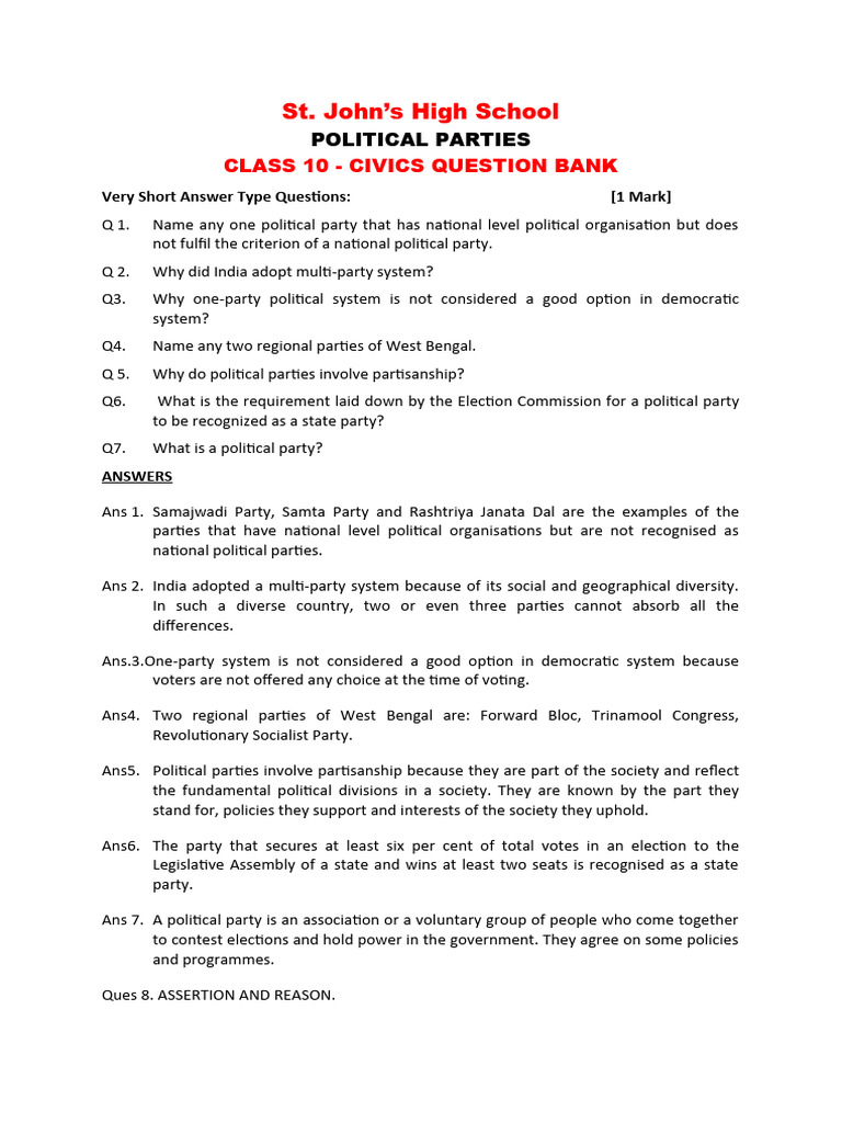 EDIT Class 10 Civics CH 6 - Political Parties - WS | PDF | Political ...