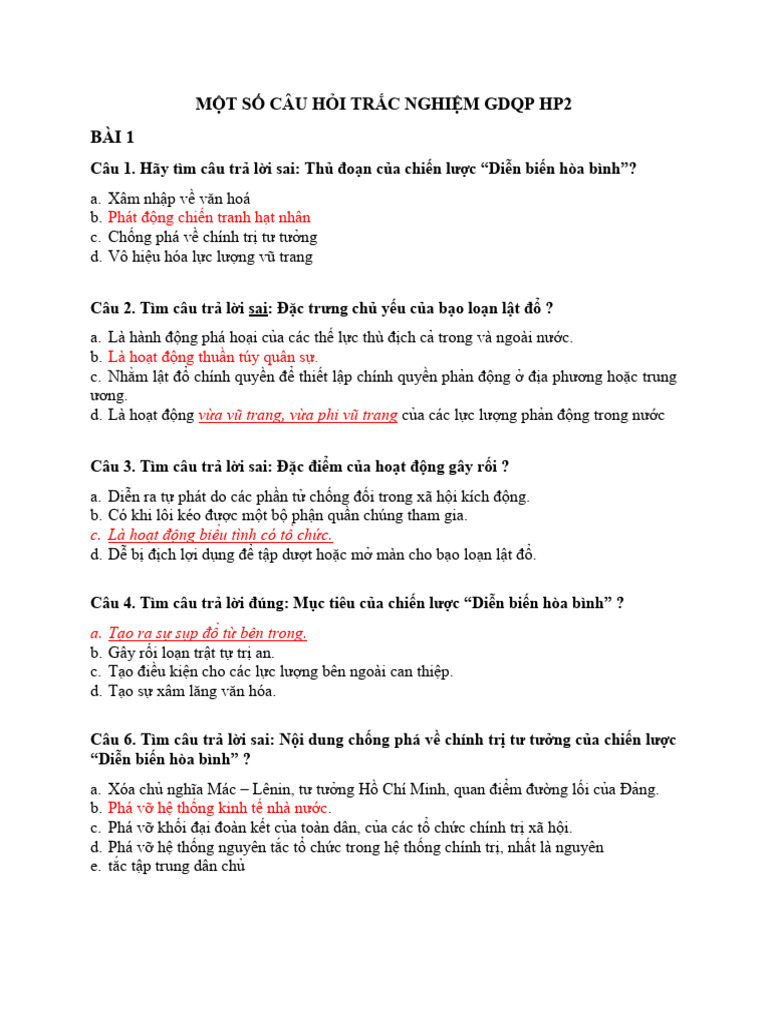 MỘT SỐ CÂU HỎI TRẮC NGHIỆM GDQP HP2 1 | PDF