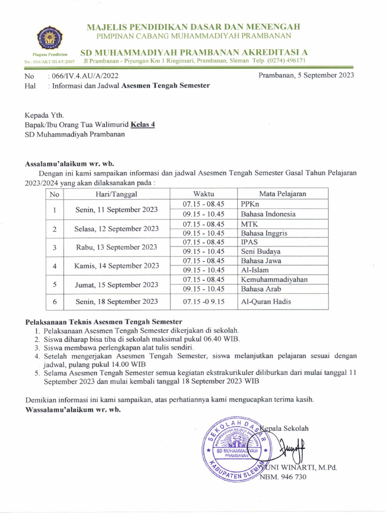 Informasi Dan Jadwal ATS - Kelas 4 | PDF