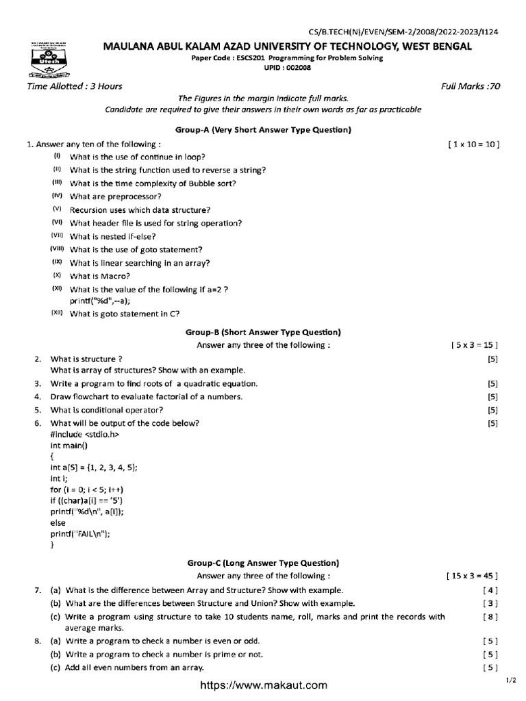Btech 2 Sem Programming For Problem Solving Escs201 2023 | PDF
