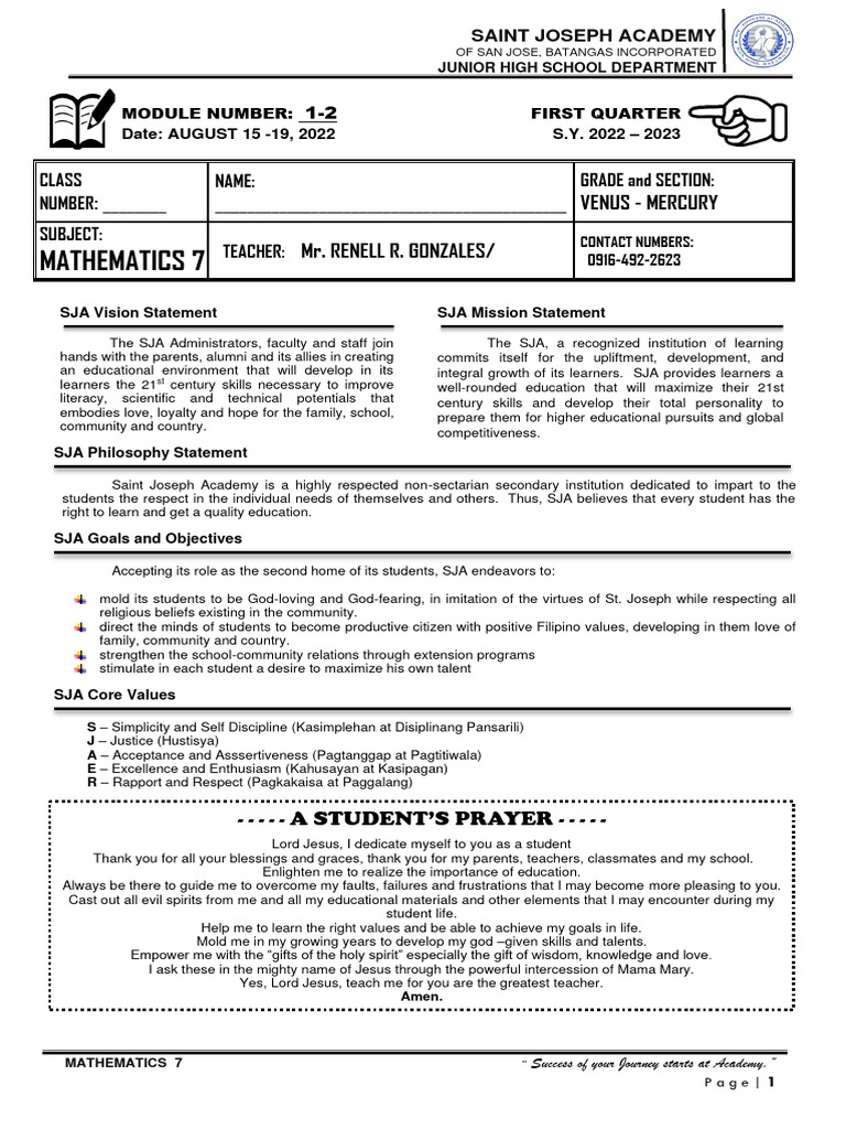 Grade7-Math-Q1 - Module1-2023 | PDF | Numbers | Rational Number