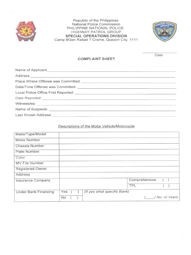 PNP HPG Complaint Sheet | PDF PNP HPG Complaint Sheet | PDF