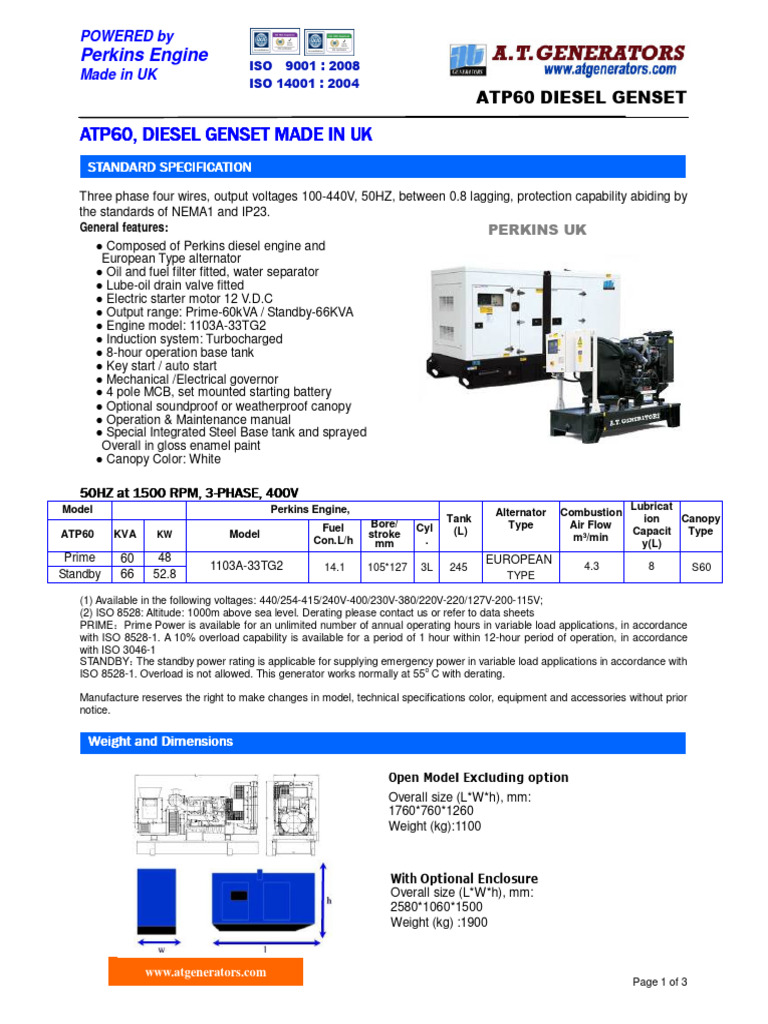 ATP60 Diesel Generator Specifications | PDF | Diesel Engine | Power ...