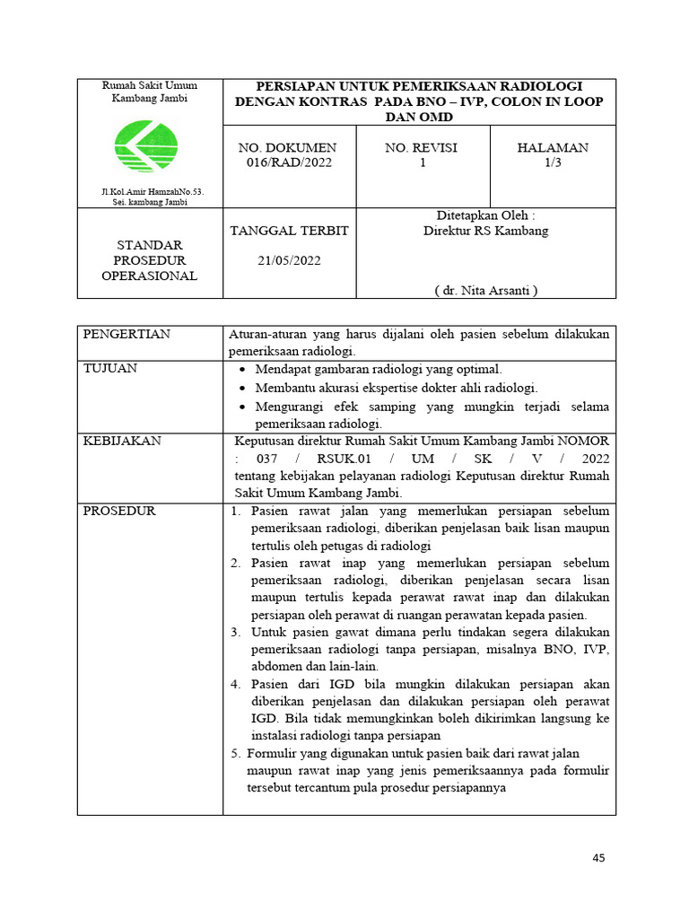 Sop Persiapan Kontras Pada Bno Ivp Colon Dan Omd | PDF