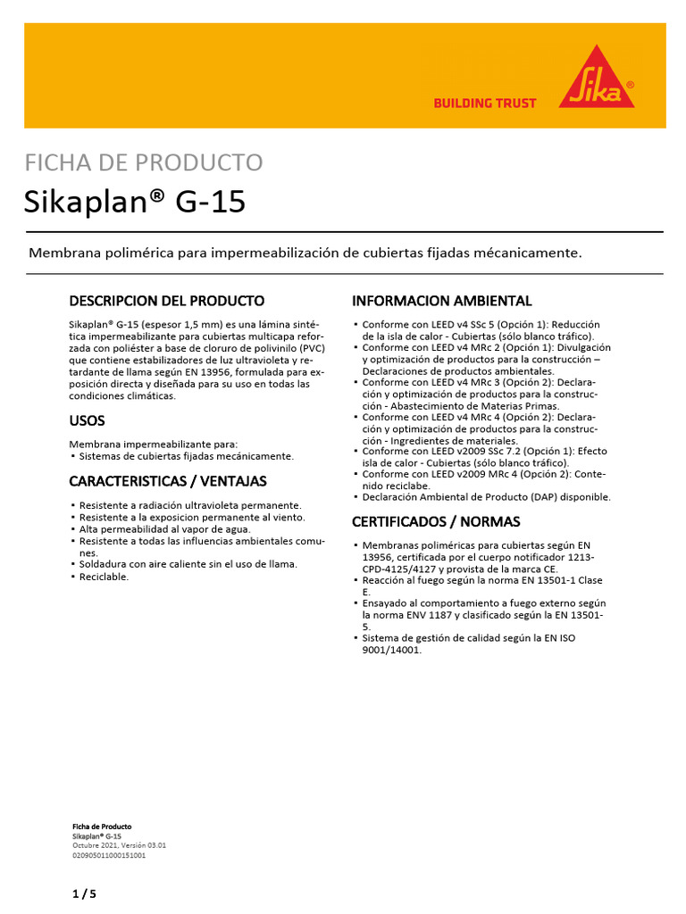 Ficha Técnica de Sikaplan® G-15 | PDF | Soldadura | Construcción