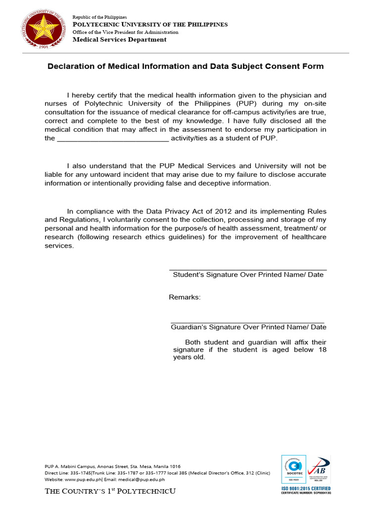 Declaration of Medical Information and Data Subject Consent Form 1 | PDF