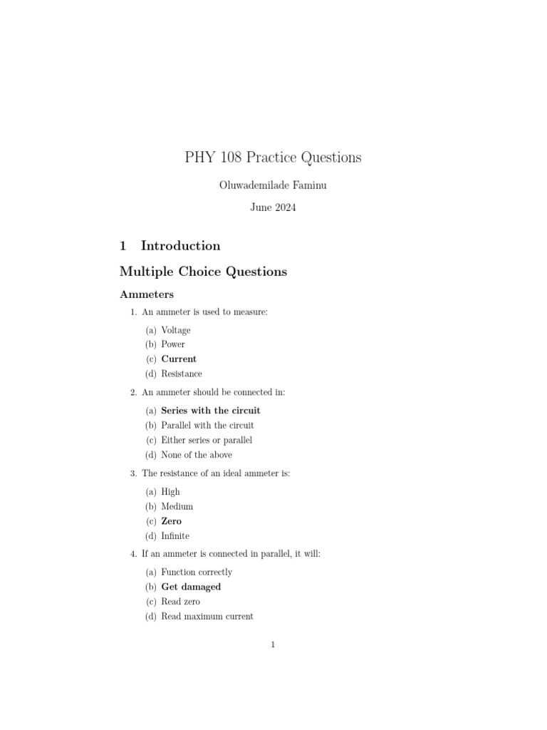 PHY 108 Practice Questions | PDF | Series And Parallel Circuits | Electrical Resistance And ...