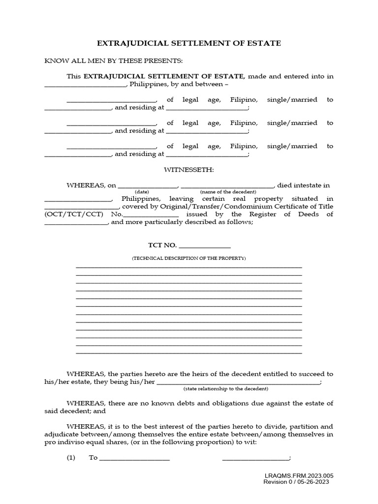 EXTRAJUDICIAL-SETTLEMENT-OF-ESTATE Sample | PDF | Deed | Civil Law ...