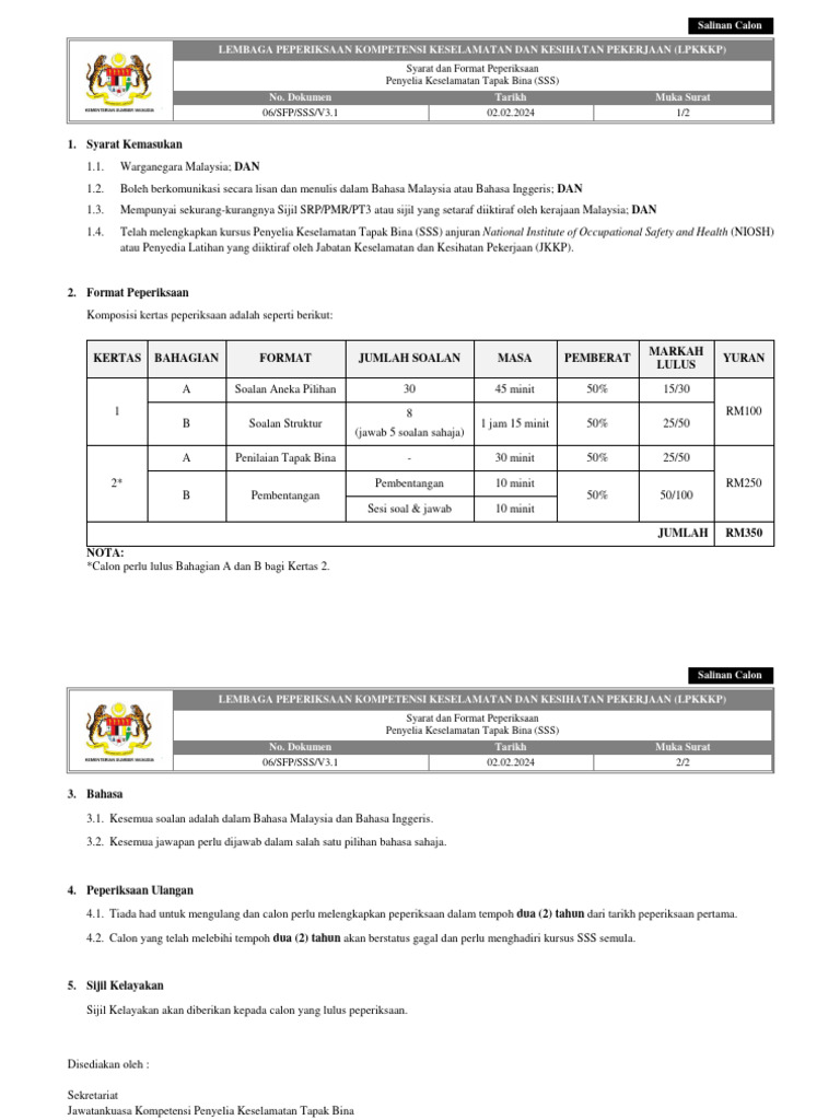 SyaratFormatPeperiksaan SSS v3.1 NAH CC | PDF