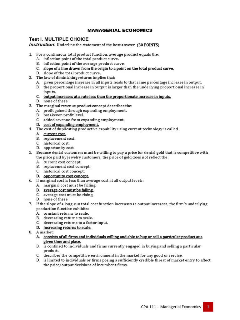 Managerial Economics Final Exam | PDF | Profit (Economics) | Perfect ...