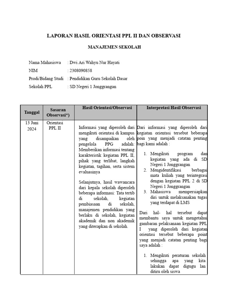 Manajemen Sekolah - PPL II - SD 1 JONGGRANGAN | PDF