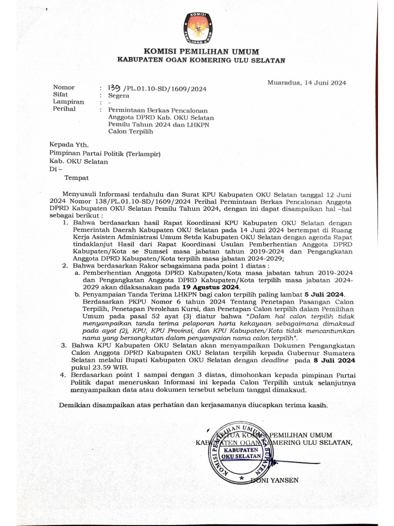 139 Surat KPD Parpol, Dokumen Pengangkatan Calon Terpilih | PDF