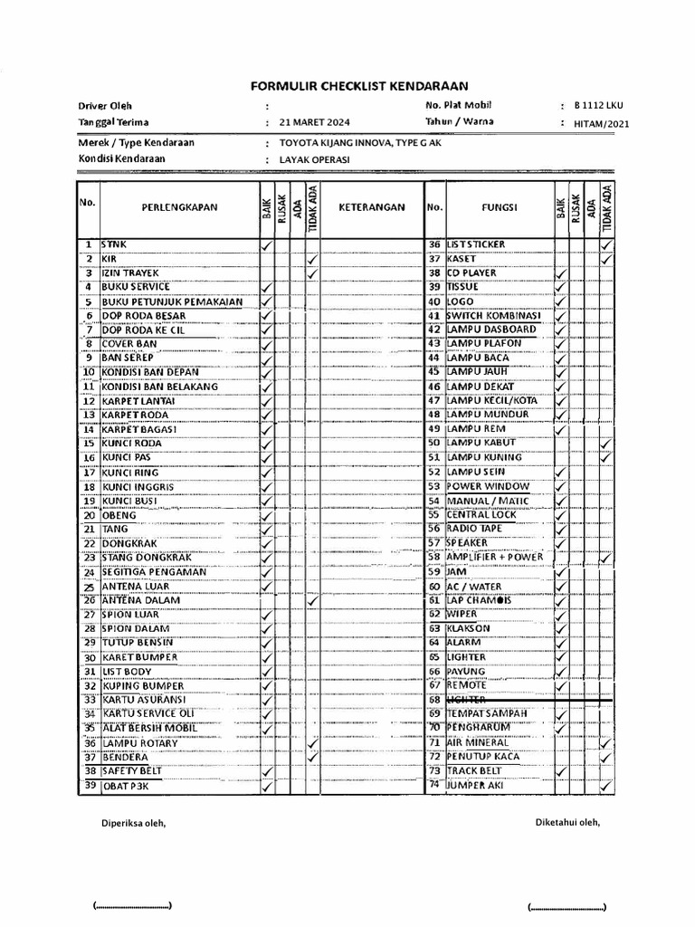 Checklist Kendaraan Operasional | PDF