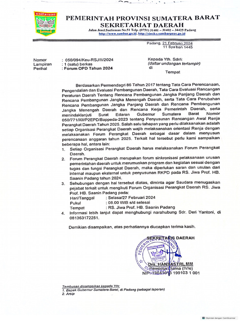 Surat Undangan Forum OPD 2024 RSJ HB Saa | PDF