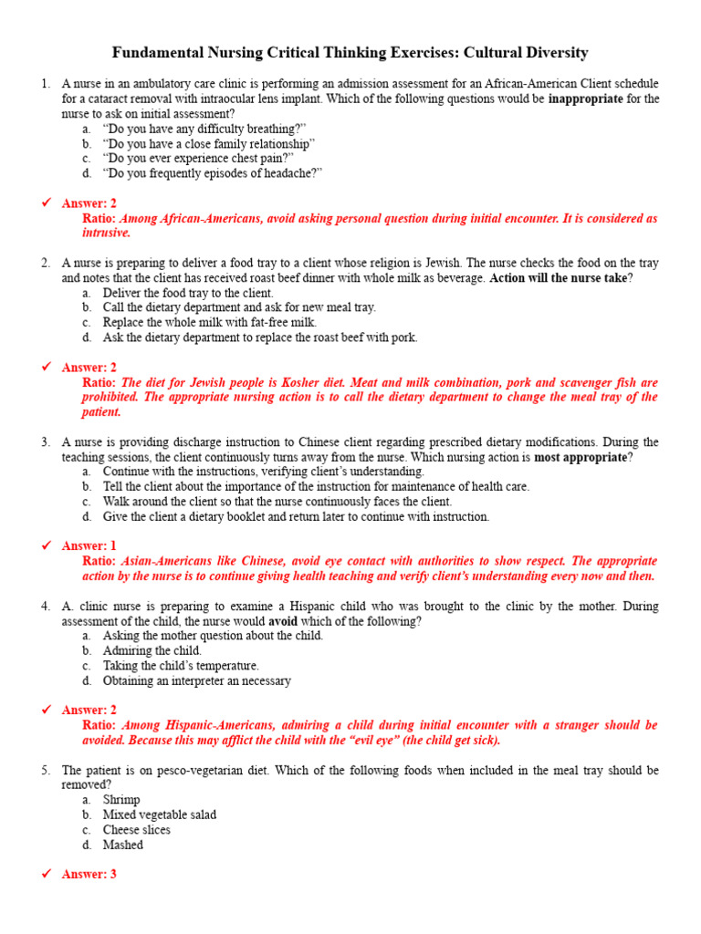 Fundamental Nursing Critical Thinking Exercises | PDF | Nursing | Foods