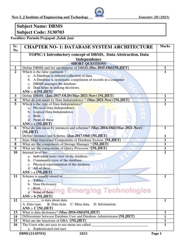 Dbms Question Bank Nljiet | PDF | Relational Database | Relational Model