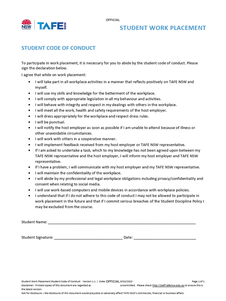 Student Work Placement Code of Conduct | PDF | Justice | Crime & Violence