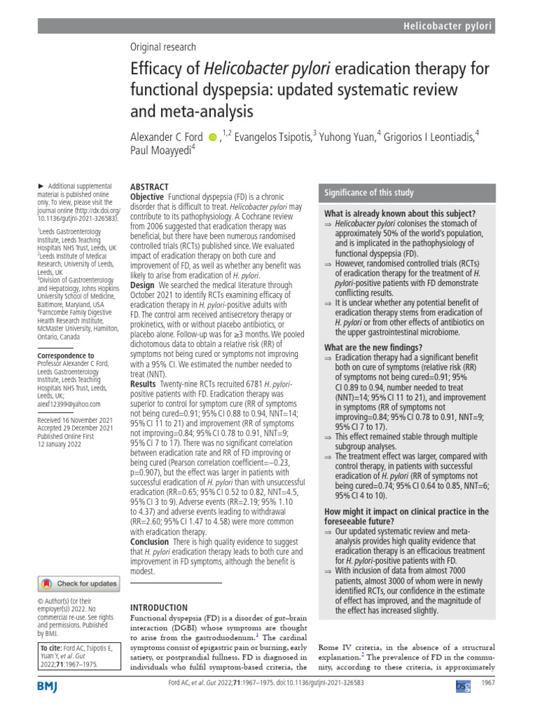 Efficacy of Helicobacter Pylori Eradication Therapy For Functional ...