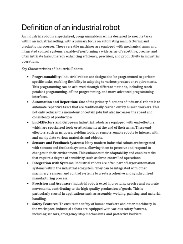 An Industrial Robot Is A Specialized | PDF | Robotics | Robot