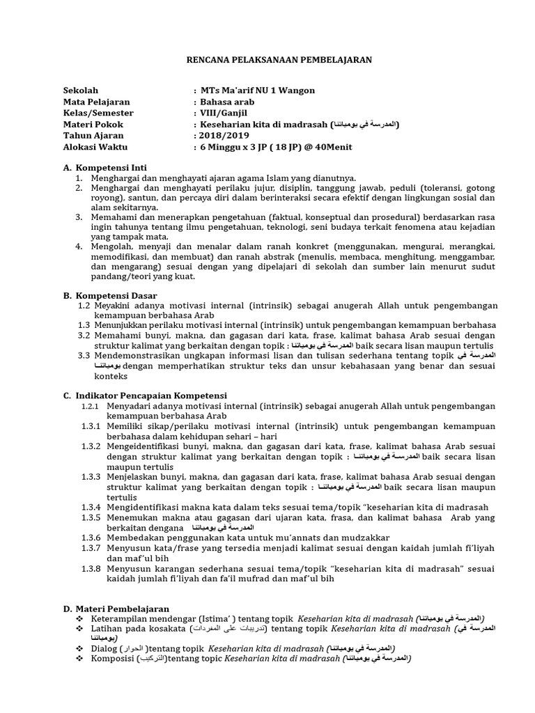 RPP Bahasa Arab Kelas VIII | PDF | Karier & Perkembangan | Seni & Disiplin Bahasa