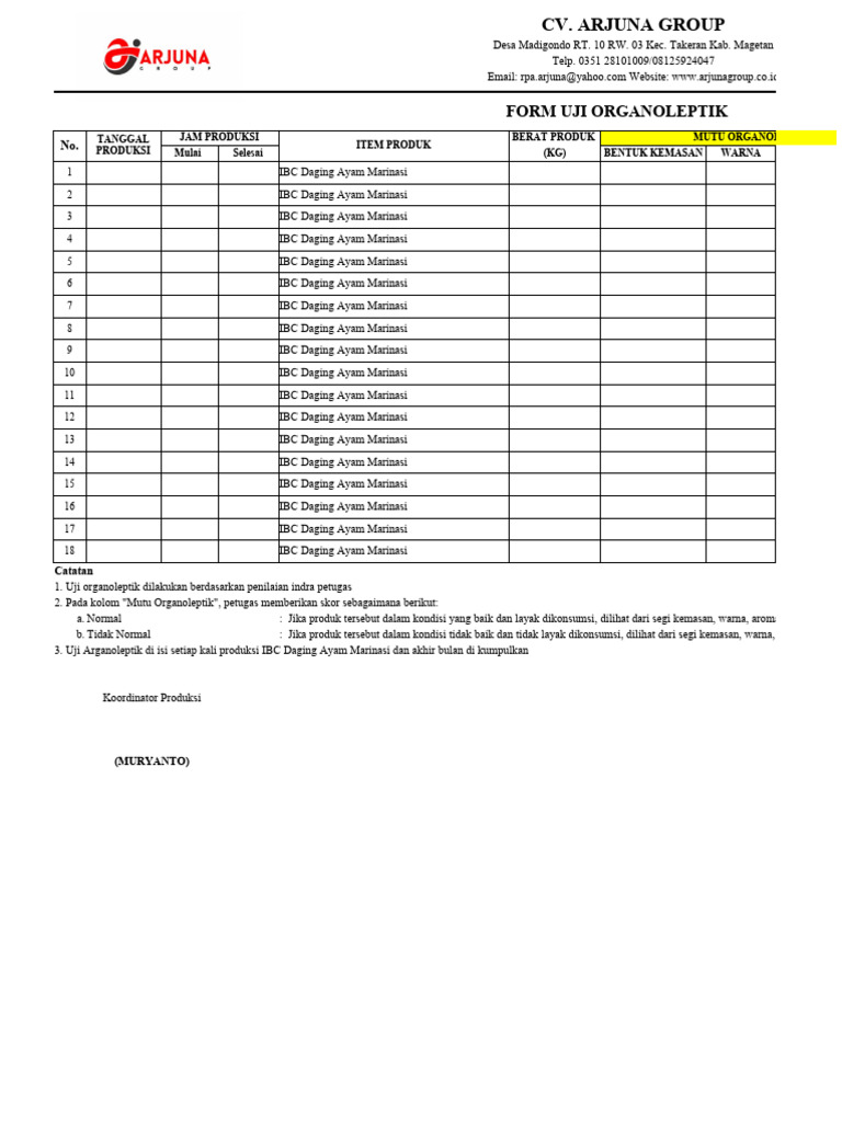 Form Cek Mutu Organoleptik-Produksi Hijau | PDF