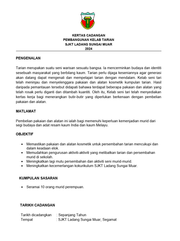 Kertas Kerja Pembangunan Kelab Tarian STSM | PDF