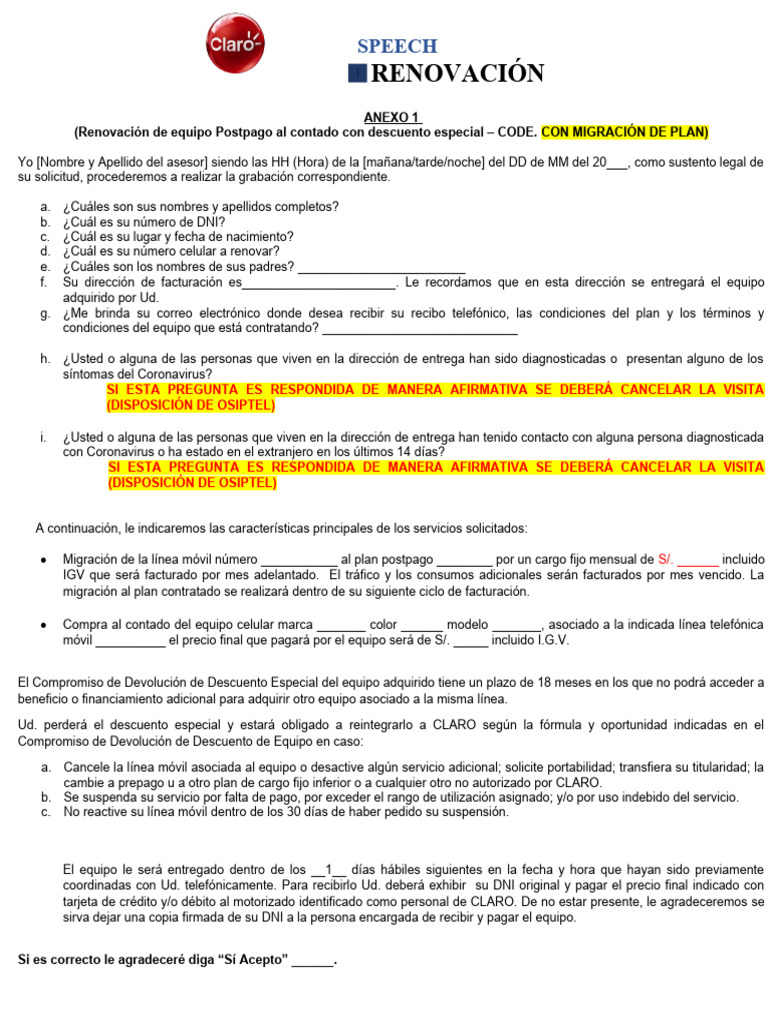 Renovación de Equipo Postpago Claro | PDF | Tarjeta de débito | Tarjeta ...