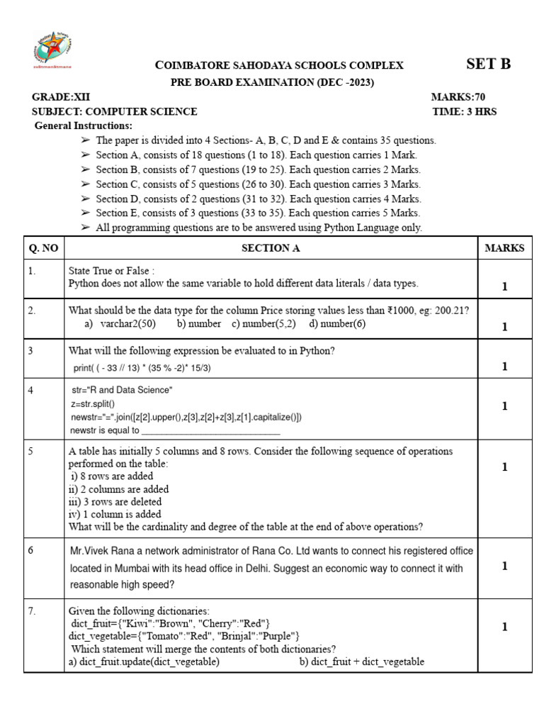 Coimbatore Sahodaya Class 12 Exam Paper | PDF | Parameter (Computer ...
