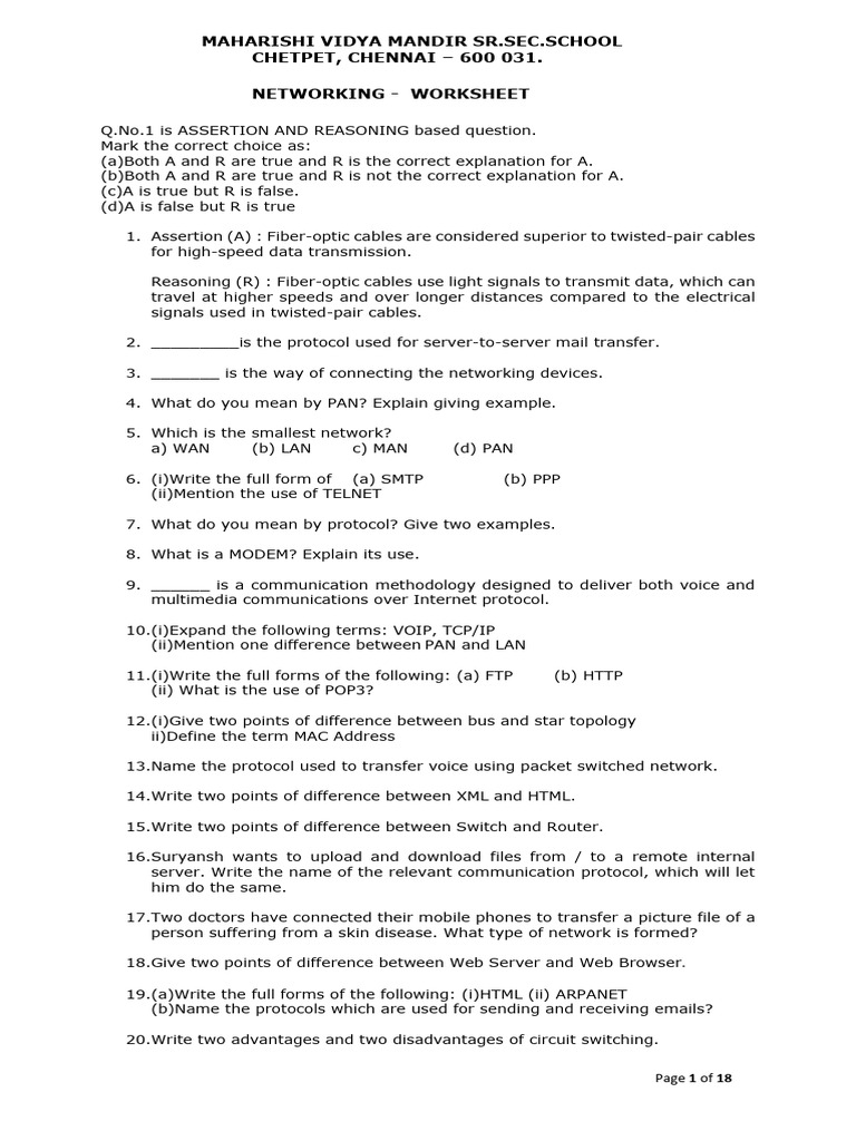 NETWORKING WORKSHEET | PDF | Computer Network | Network Switch