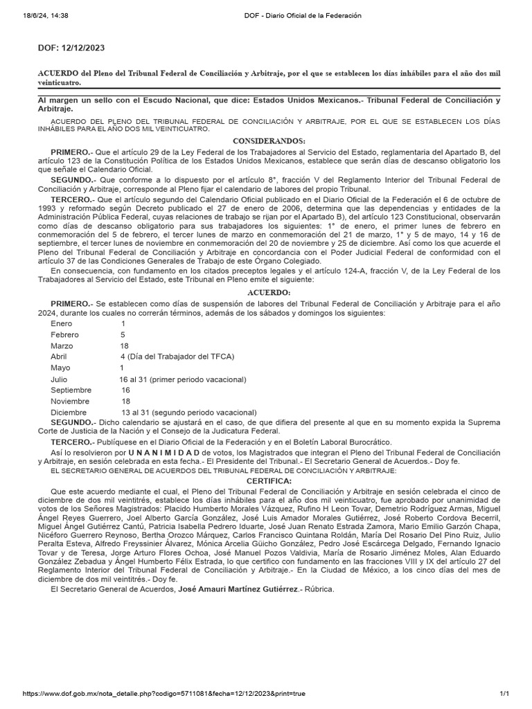 Días Inhábiles TFCA 2024 | PDF | Gobierno | Gobernancia