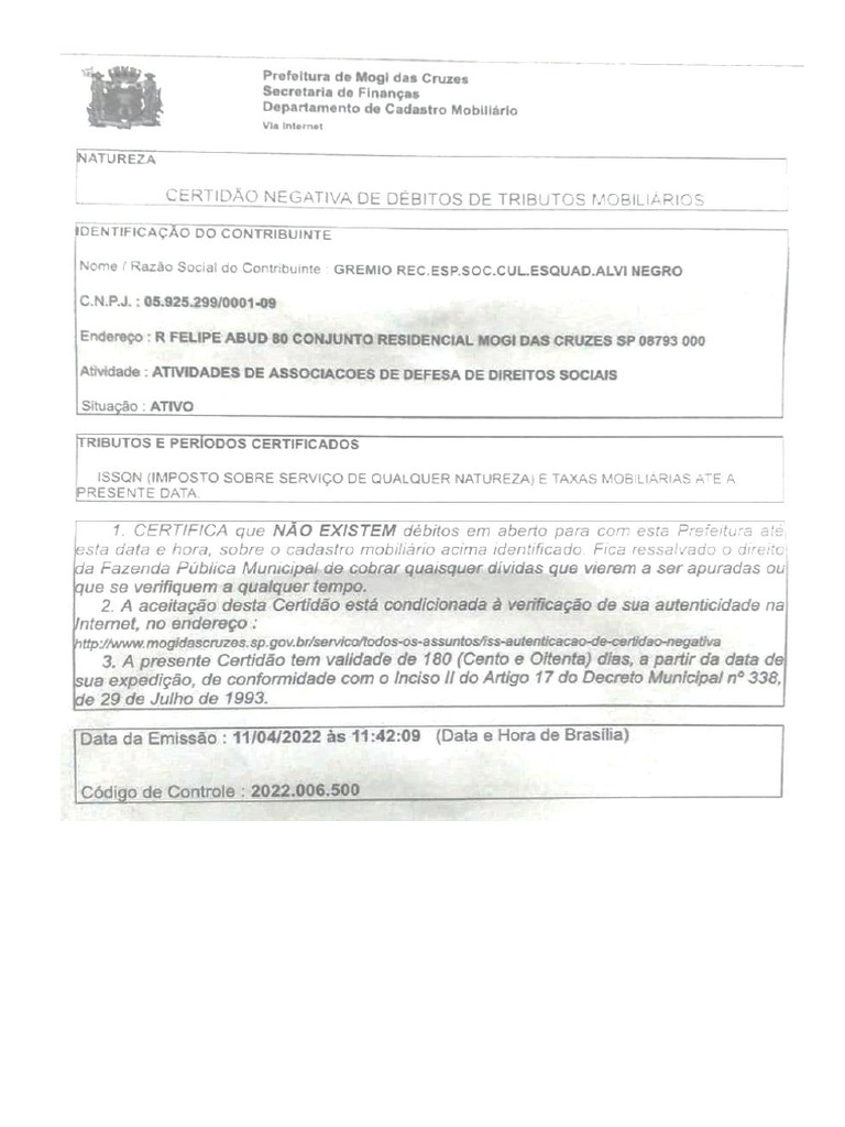 Cert Neg Déb Trib Mobiliários | PDF