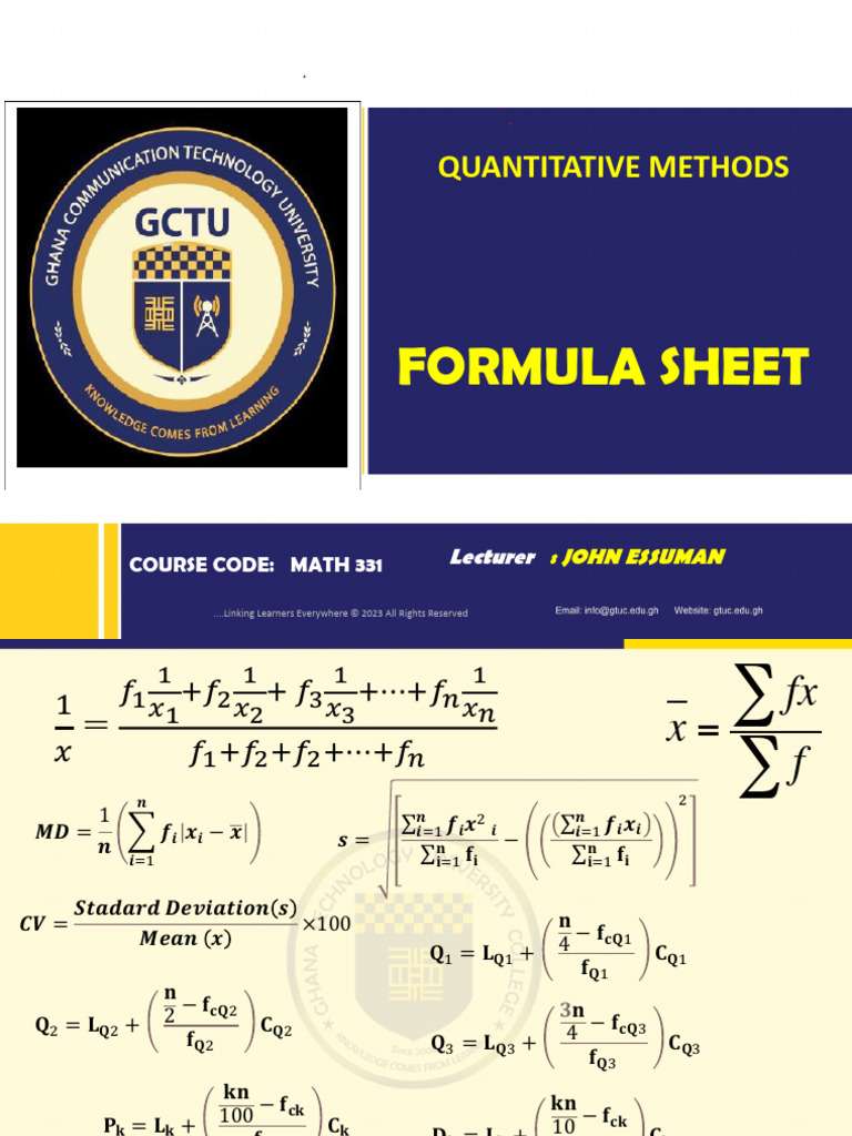 Formula Sheet (Quantitative Methods) | PDF | Statistical Analysis | Teaching Mathematics