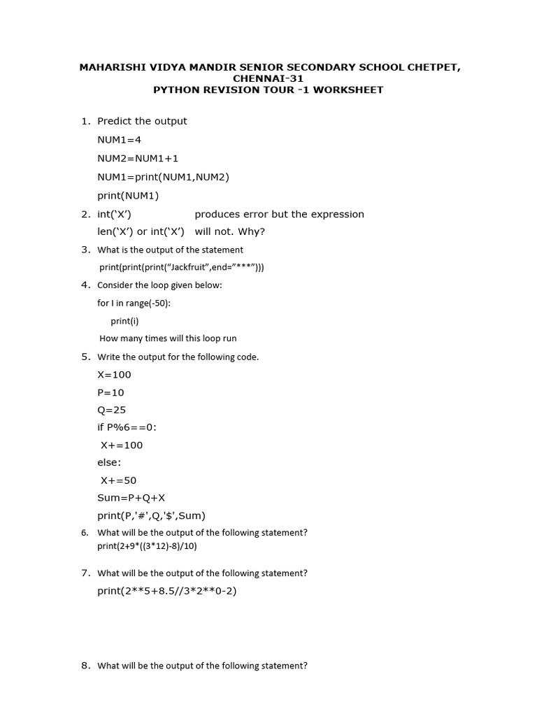 Python Revision Tour-1 Worksheet | PDF | Computer Programming | Computer Engineering