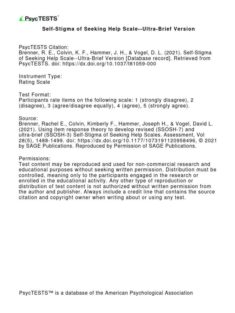 Self-Stigma of Seeking Help Scale Ultra Brief Version (SSOSH-3, Brenner ...