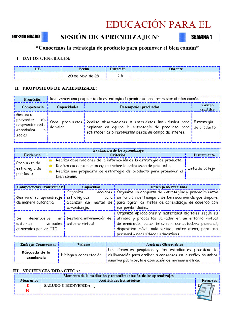 1°-2°_SESIÓN_DE_APRENDIZAJE 1-SEM.1-EXP.8-EPT | PDF | Aprendizaje | Evaluación